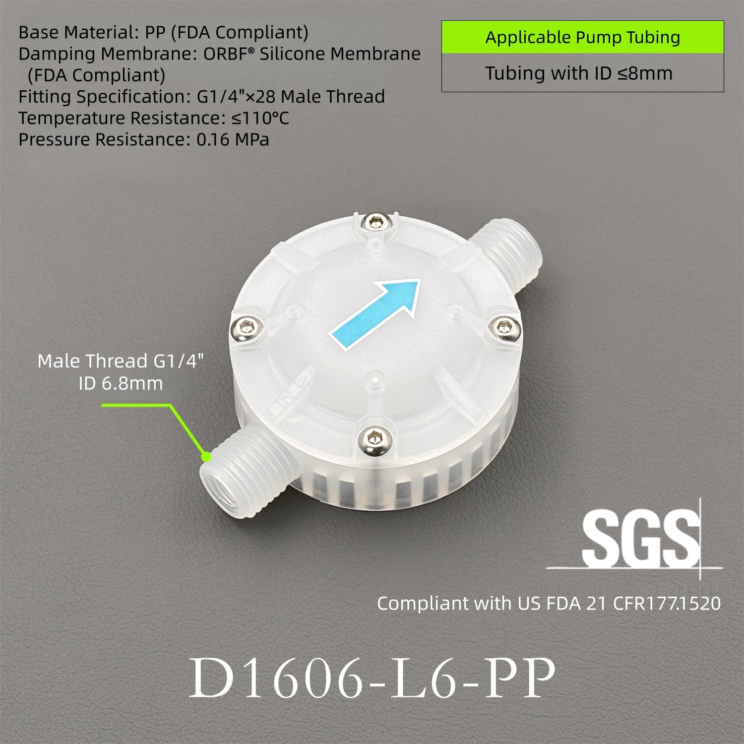 D1606-L6-PP Pulse Dampener for Peristaltic Pumps ≥95% Reduction ...